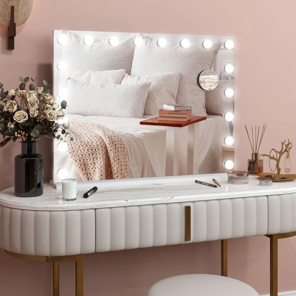 HOMCOM Hollywood Mirror s 18 LED diodami Make-up Mirror 80x60 cm Toaletní zrcadlo se 3 barvami světla, nastavitelný jas