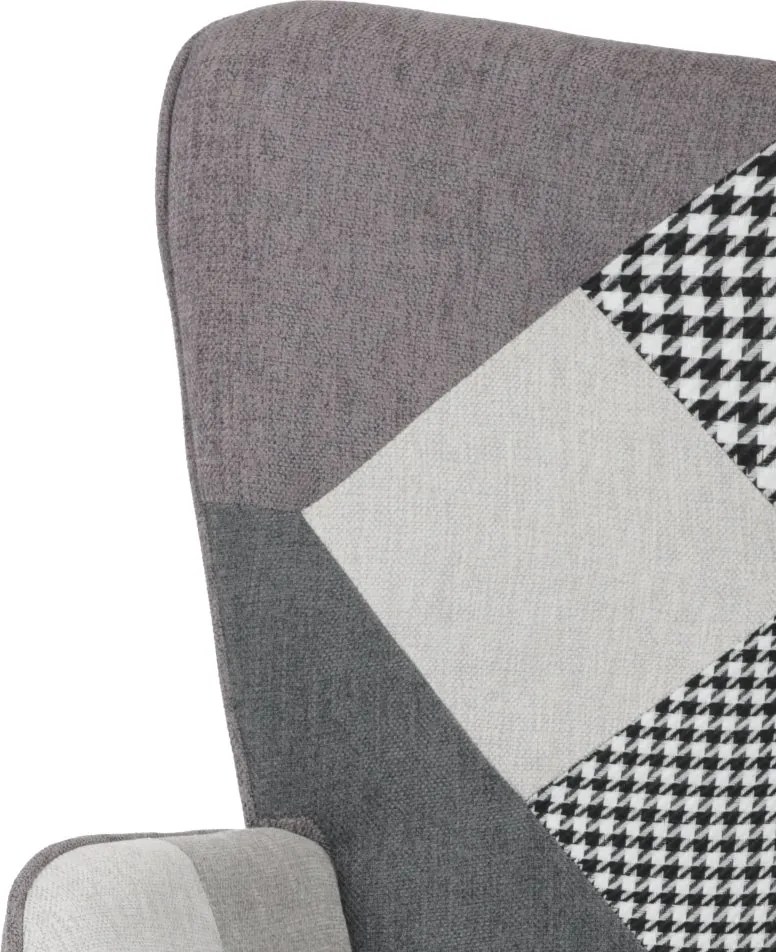 Relaxační křeslo ušák LISA + taburet — masiv, látka, černobílý patchwork