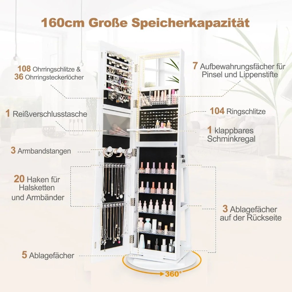 Costway Šperkovnice se zrcadlem Šperkovnice zrcadlová – 54,5 × 54,5 × 160 cm