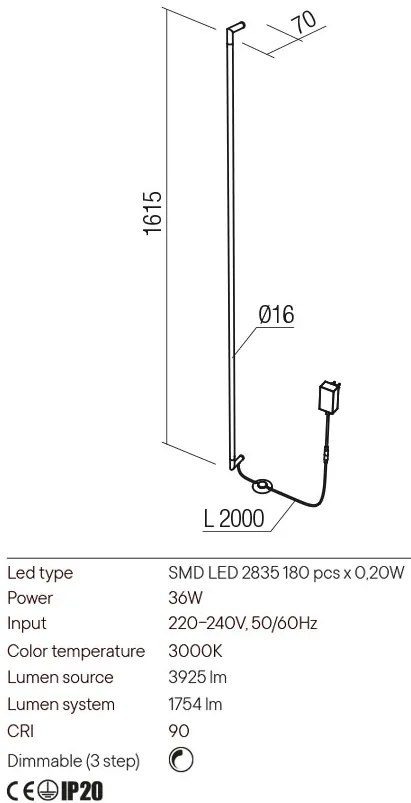 Redo Nástěnná LED lampa Stick, v. 1615mm Barva: Mosaz