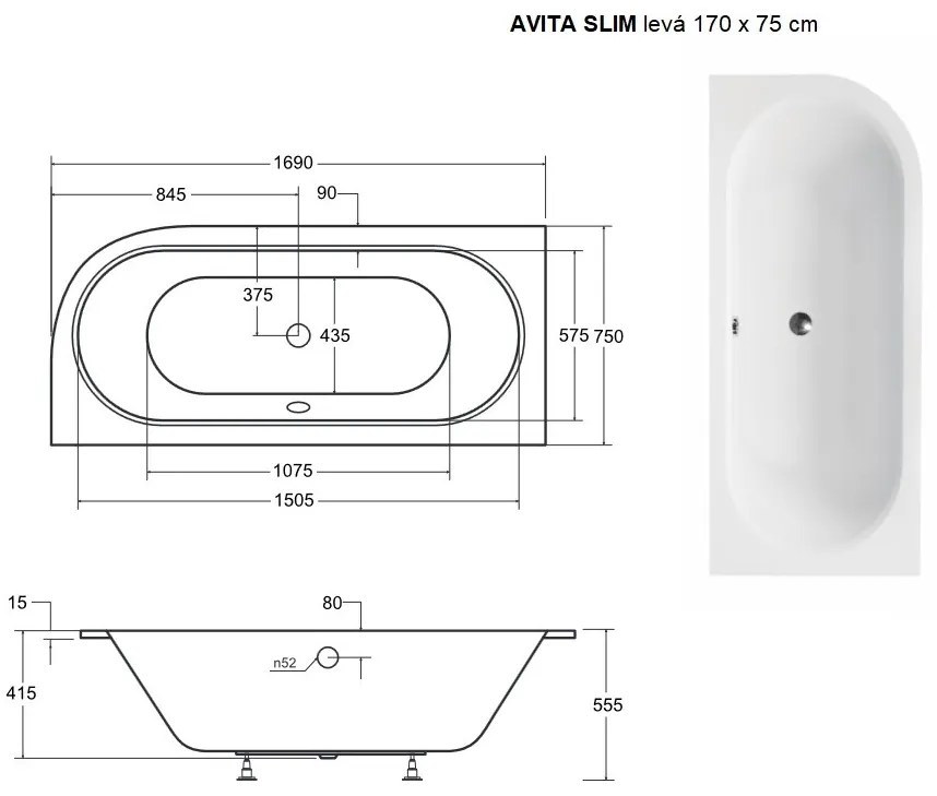 BESCO Asymetrická vana AVITA SLIM Nožičky k vaně - Bez nožiček, Rozměr vany - 170 × 75 cm, Způsob provedení - Pravé VANAVIT170SLIMP