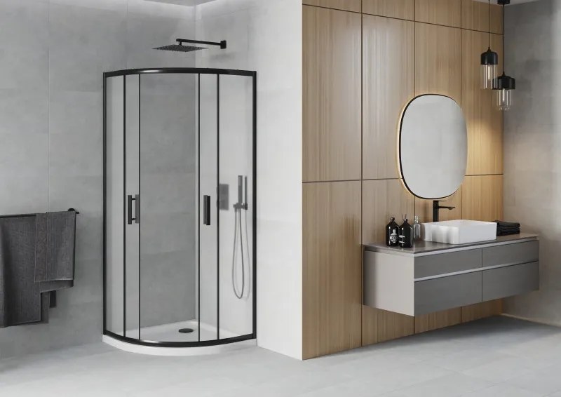 Mexen Rio, čtvrtkruhový sprchový kout 90(dveře)x90(dveře)x190 cm, 5mm sklo námraza, černý profil + bílá sprchová vanička SLIM, 863-090-090-70-30-4110B