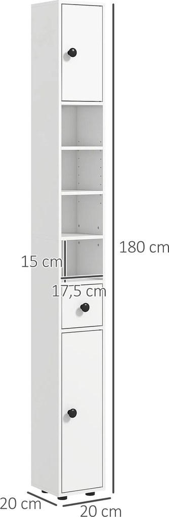Kleankin Moderní vysoký koupelnový skříň s 1 zásuvkou, 5 nastavitelnými policemi a 2 dveřmi, koupelnový nábytek, nosnost 30 kg, 20x20x180 cm, bílá