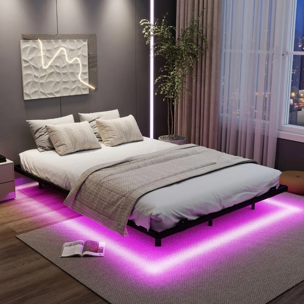 Costway Rám dvoulůžka plovoucí postel s LED světly moderní rám z kovu černé