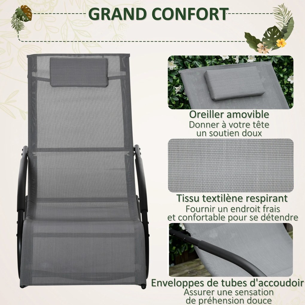 Ergonomická houpačka Outsunny s pozinkovaným kovovým rámem a textilénovou opěrkou hlavy 63 Š x 160 H x 88 V cm, šedá | Aosom