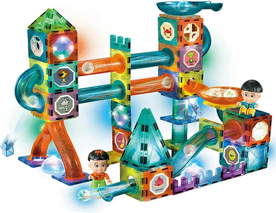 LEAN Toys Svítící skluzavka na kuličky, magnetické kostky v krabici, 150 dílů