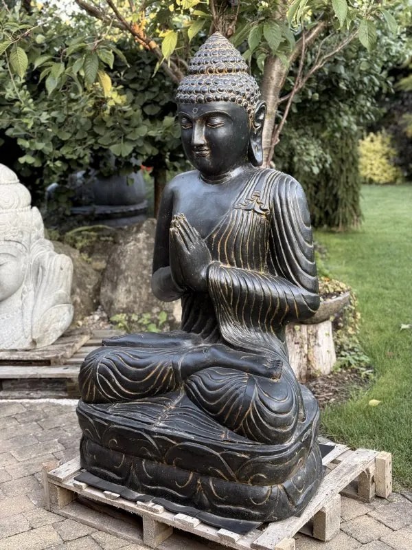 Socha Buddha 100 cm – černá s jemnými žlutými akcenty
