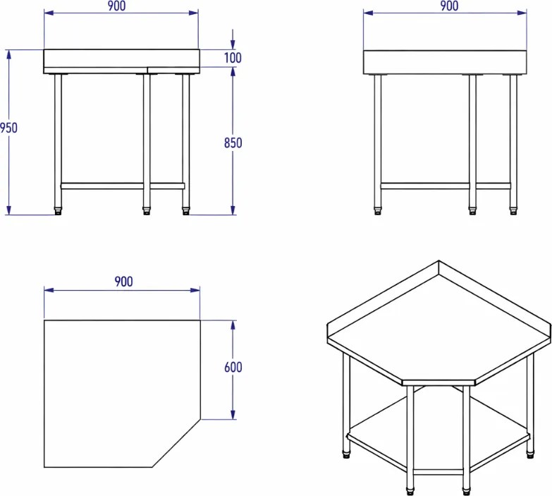 Rohový nerezový pracovní stůl, 900 x 600 x 850 mm