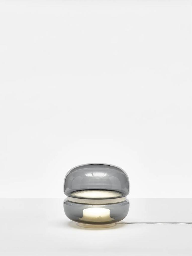 Designová stolní lampa Brokis Macaron S, PC1038 Barva skla: Amber - transparentní sklo, Základna: Dub evropský - černě mořený (CSFB1574), Disk: Onyx bílý (CSOP1532)