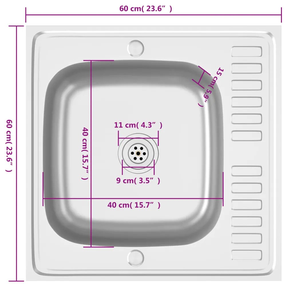 vidaXL Marketos Kuchyňský dřez s odtokem stříbrný 600x600x155 mm nerezová ocel