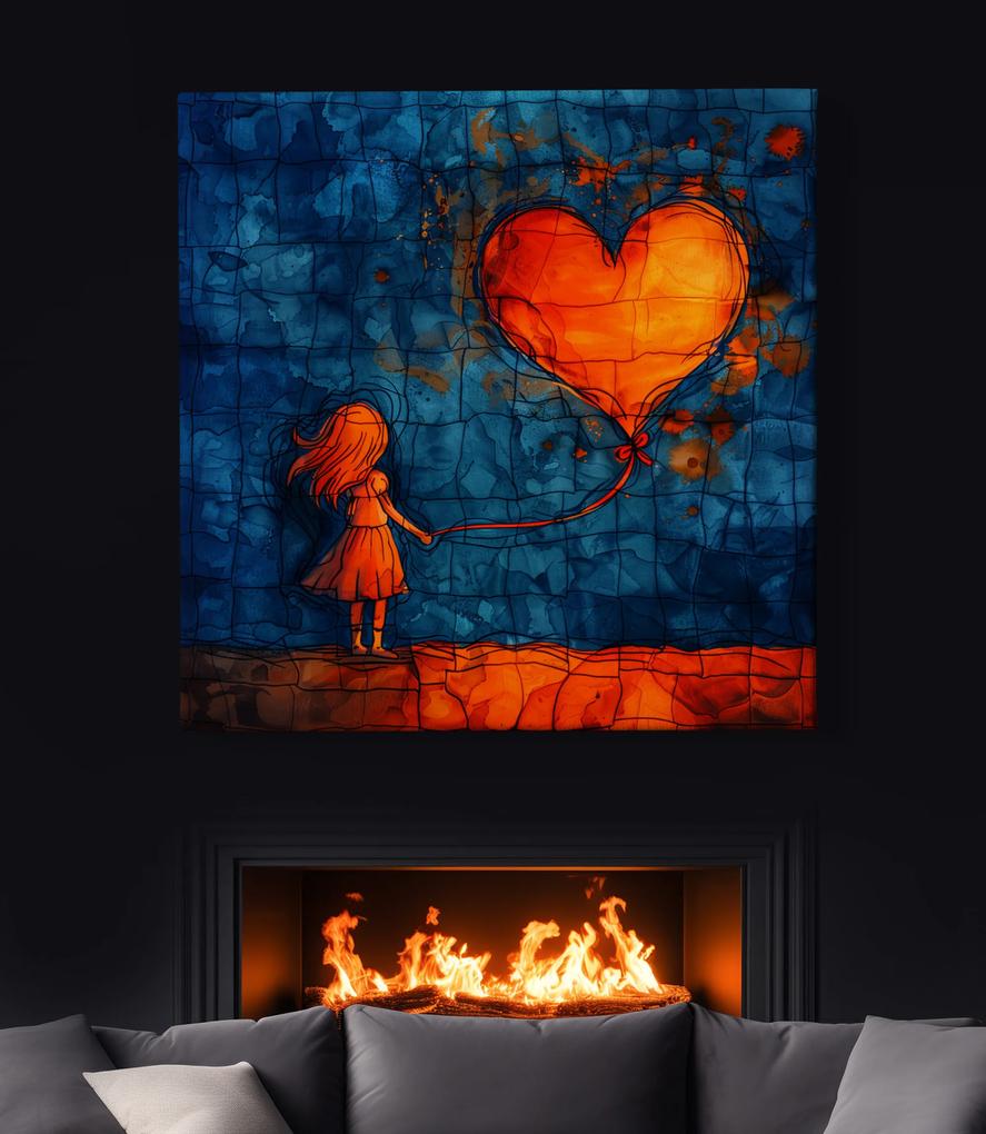 Obraz na plátně - Dívka a zářivé srdce balónek FeelHappy.cz Velikost obrazu: 100 x 100 cm