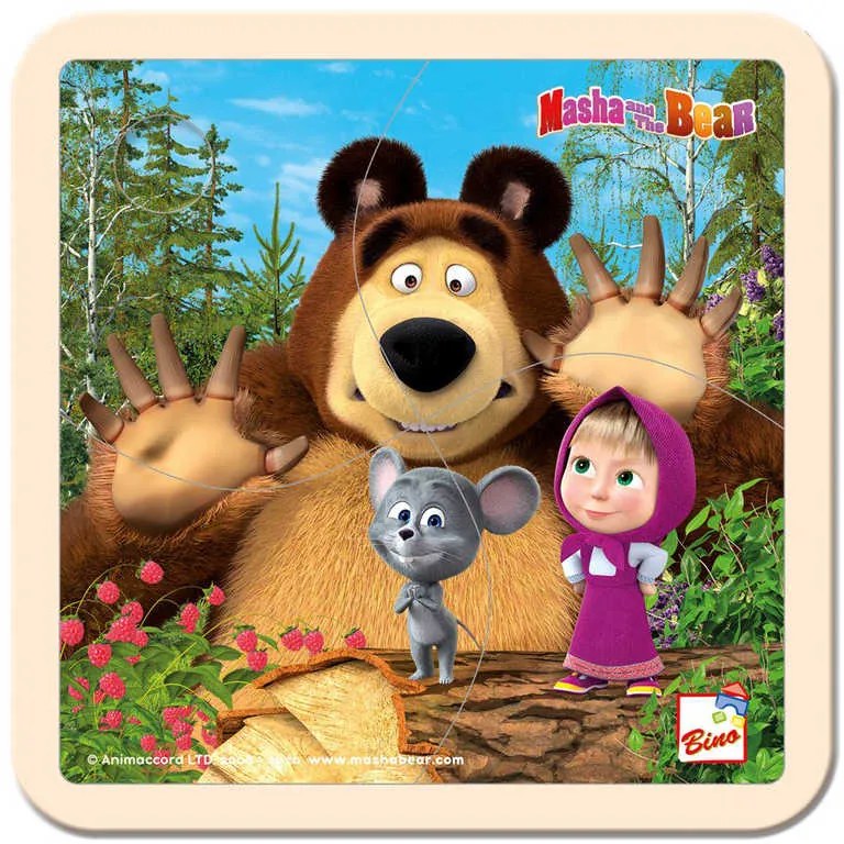 BINO DŘEVO Baby Puzzle Máša a Medvěd myška 15x15cm na desce 4 dílky ol16119