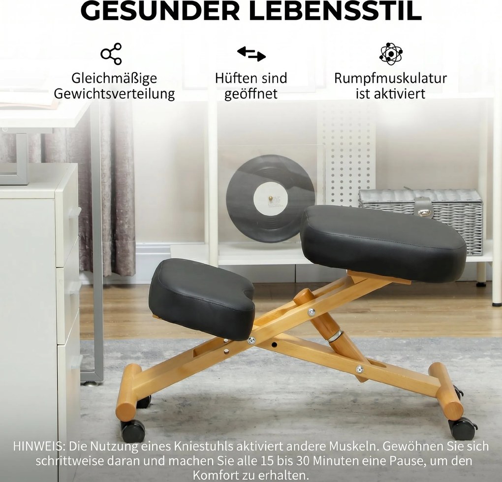 HOMCOM Ergonomická Výškově Nastavitelná Kolenní Židle, Ergonomická Židle do Kanceláře a Domova, Dřevěný Kolenní Stolek na Kolečkách, Černá