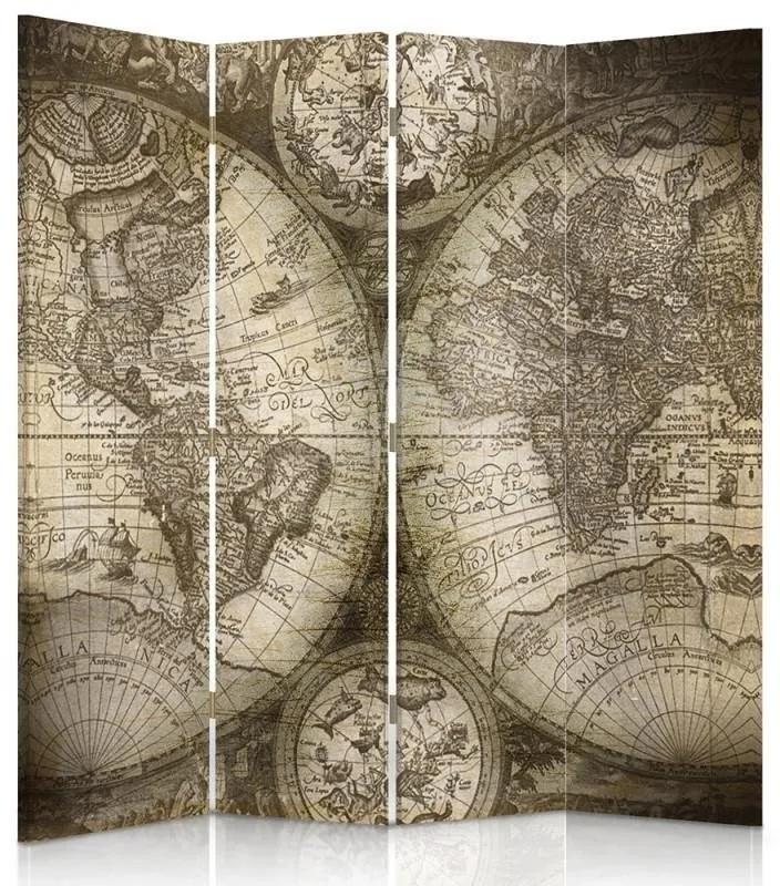 Ozdobný paraván, Starožitná mapa světa - 145x170 cm, čtyřdílný, obustranný paraván 360°
