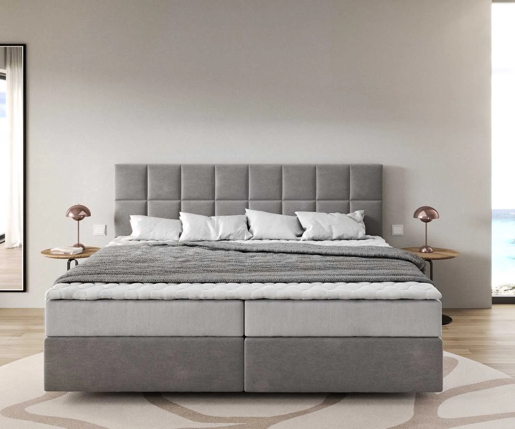 DELIFE Boxspring postel Dream-Fine mikrovlákno šedá 200x200 cm s taštičkovou pružinovou matrací a visco topperem