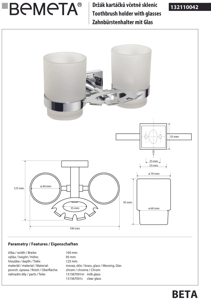 Bemeta Design BETA: Držák kartáčků, dvojitý, sklo -