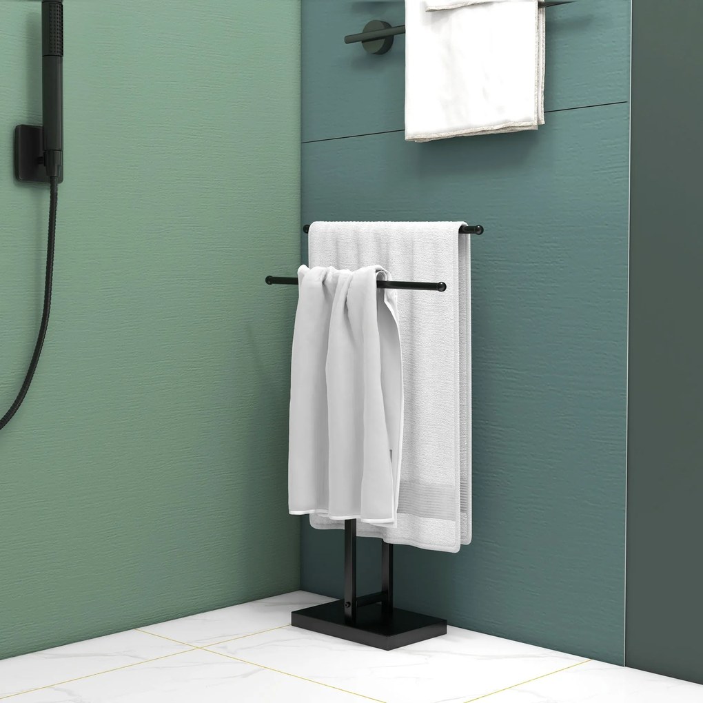 HOMCOM Volně stojící stojan na ručníky 2-podlažní, kovový držák na ručníky do koupelny, 50Š x 18,5H x 85V cm, černý