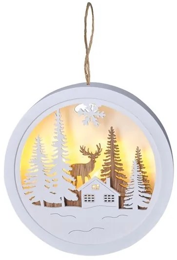 SOLIGHT LED vánoční dekorace závěsná, les a jelen, bílá a hnědá, 2x AAA