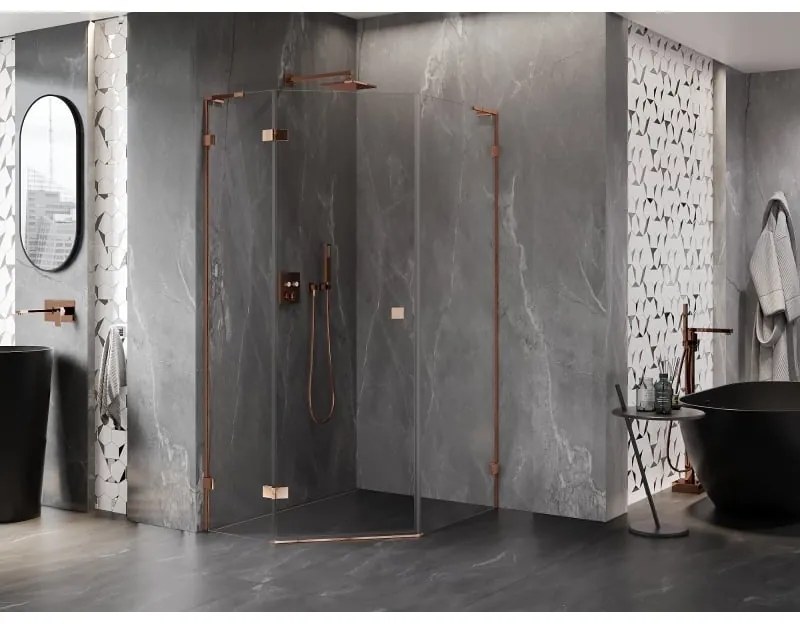Mexen Lunar, L pětiúhelníkový sprchový kout naklápěcí doleva 80 x 100 cm, 8mm čiré sklo, profil růžové zlato, 831L-080L-100P-60-00-L
