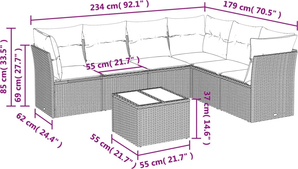 7dílná zahradní sedací souprava s poduškami černá polyratan 3217686