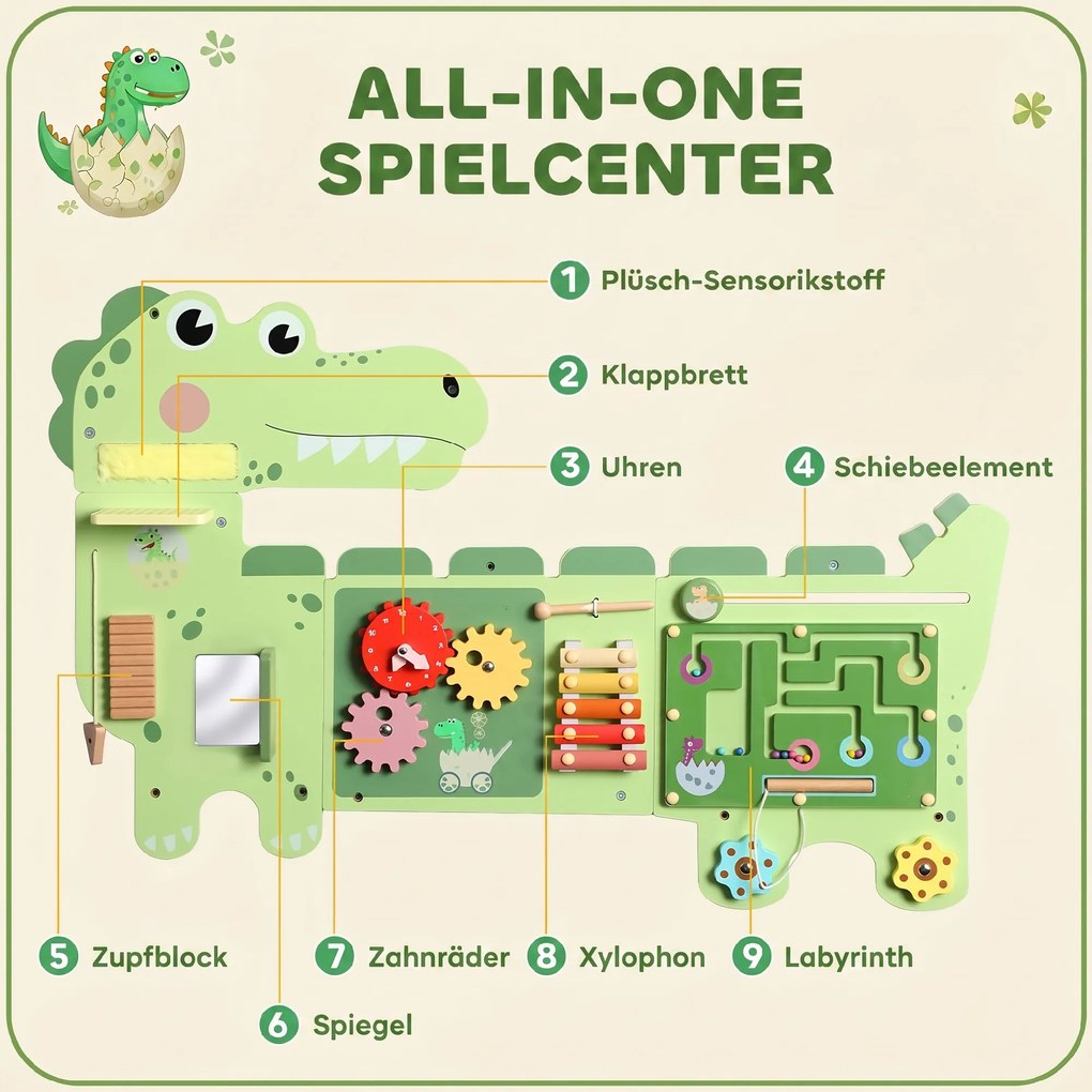 AIYAPLAY Montessori motorická deska dřevěné Busy Board dinosaurus, nástěnně montovaná s xylofonem, hodinami a ozubenými koly, zvukové tyče