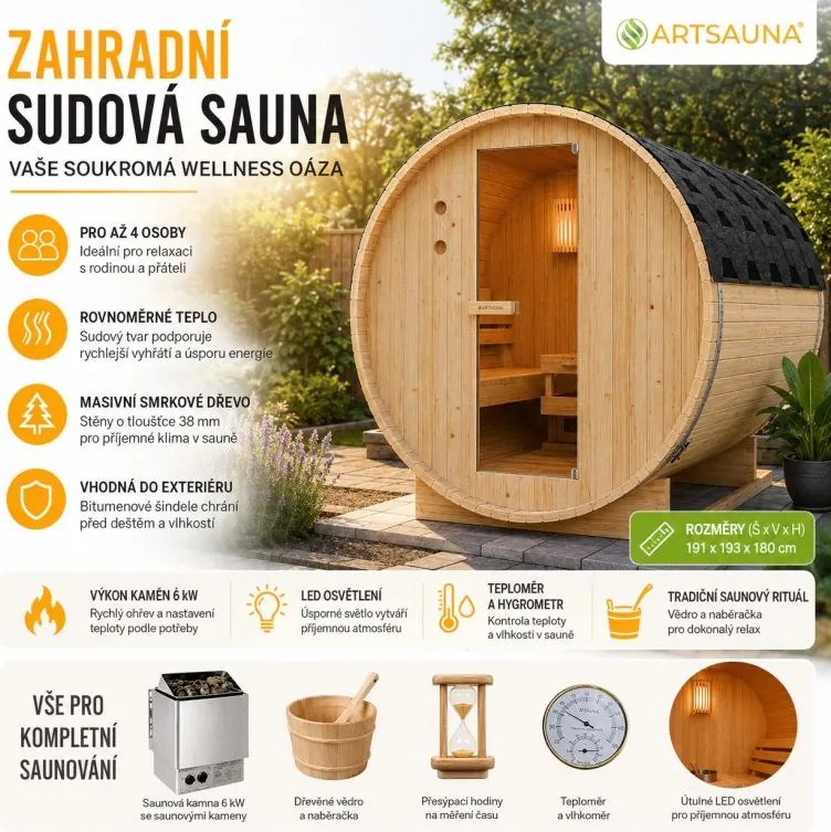 Zahradní sudová sauna pro 4 osoby s kamny 6 kW