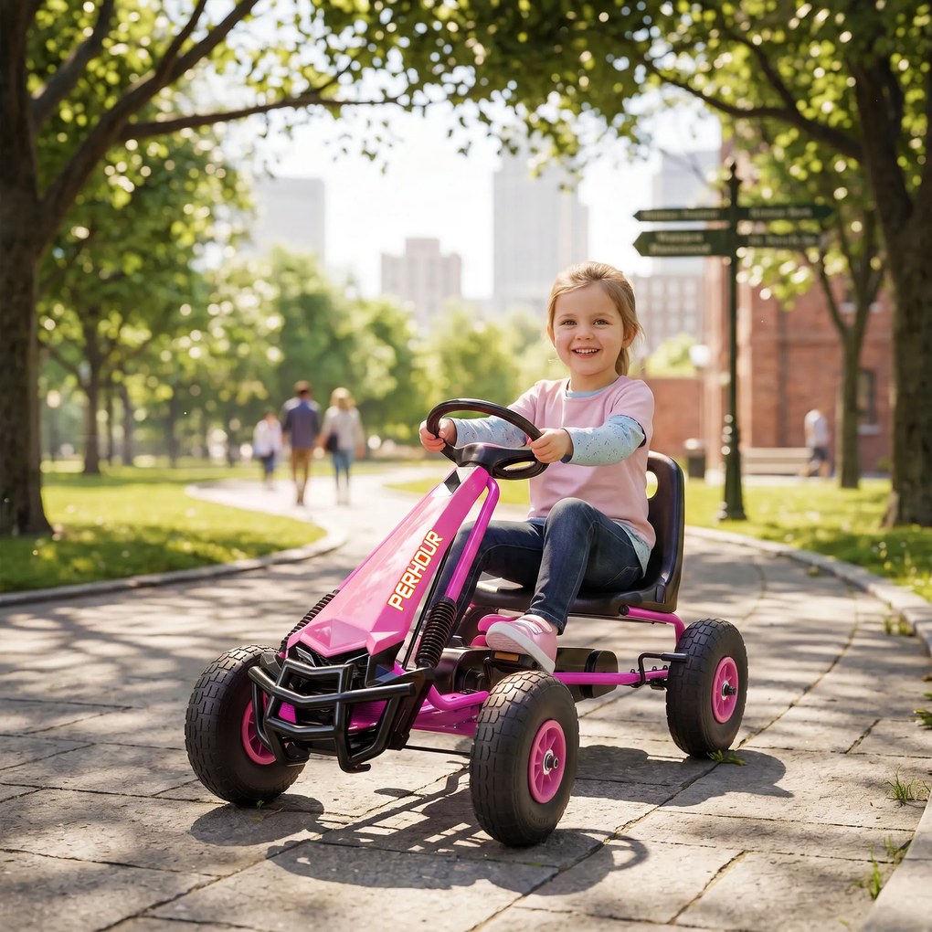 AIYAPLAY Pedálový gokart pro děti, výškově nastavitelné sedadlo, EVA kola, brzda, spojka, 3-8 let, růžová