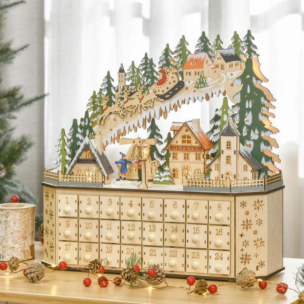 HOMCOM Adventní kalendář Vánoční dekorace, 24 zásuvek, LED světla, 39 cm x 9 cm x 42 cm, bílá + zelená 830-417