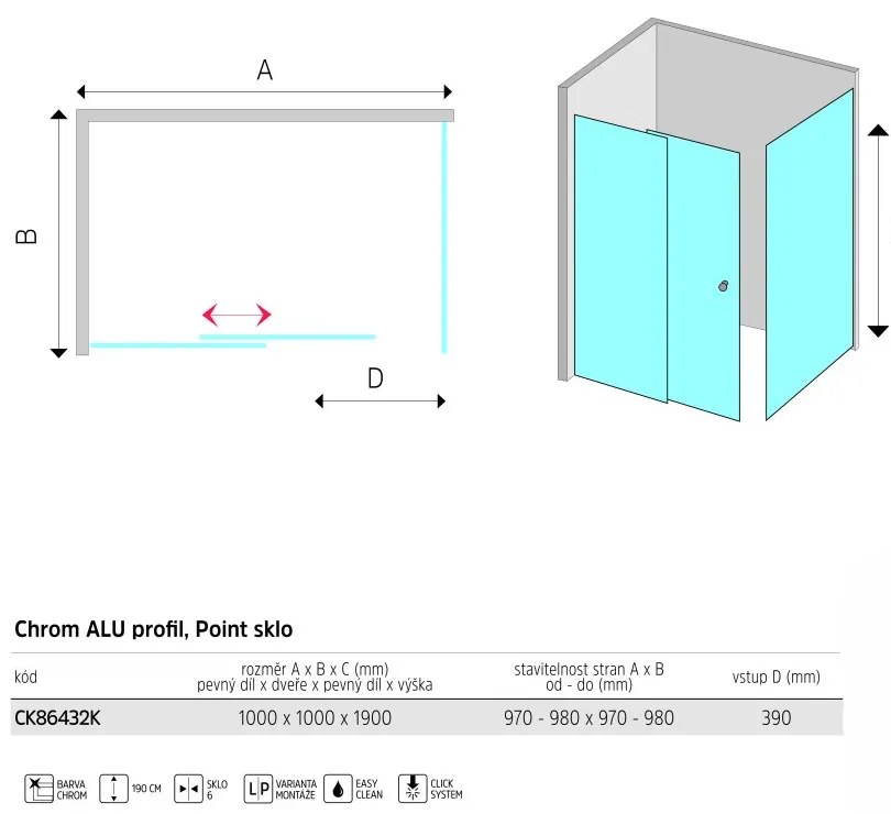 Mereo Mereo, Sprchový kout, LIMA, čtverec, 100x100x190 cm, chrom ALU, sklo Point, CK86432K