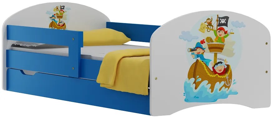 Dětská postel s motivem PIRÁTI  se zábranou Rozměr: 200x90, Matrace: bez matrace, Barevná kombinace: JASAN COIMBRA / BÍLÁ