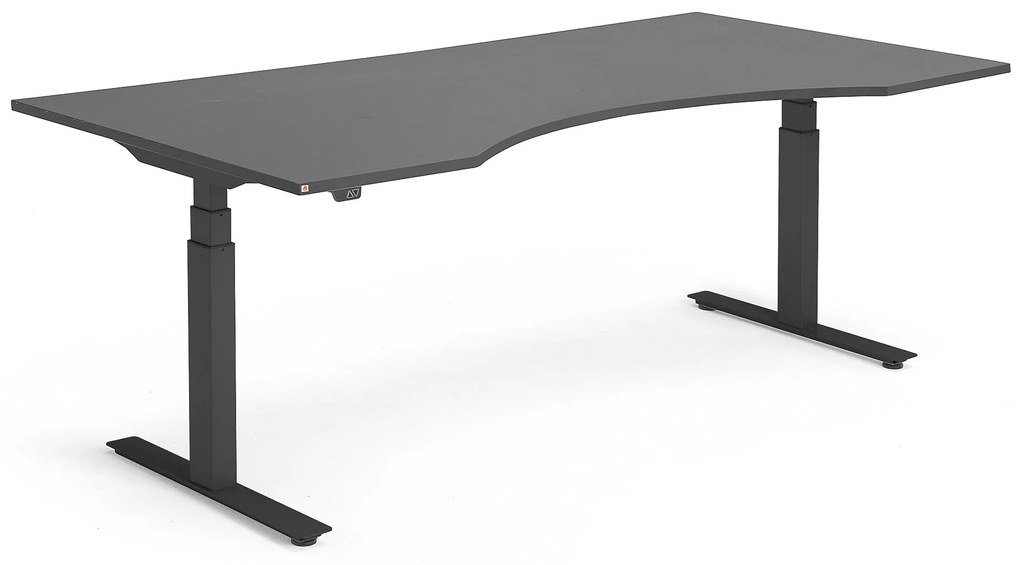 AJ Produkty Výškově nastavitelný stůl MODULUS, vykrojený, 2000x1000 mm, černý rám, černá