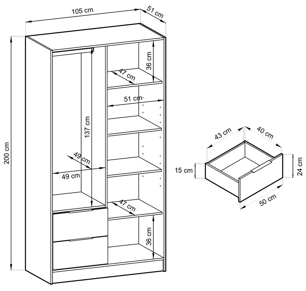 Šatní skříň NELLY 2D se zrcadlem | 105 cm | šedá