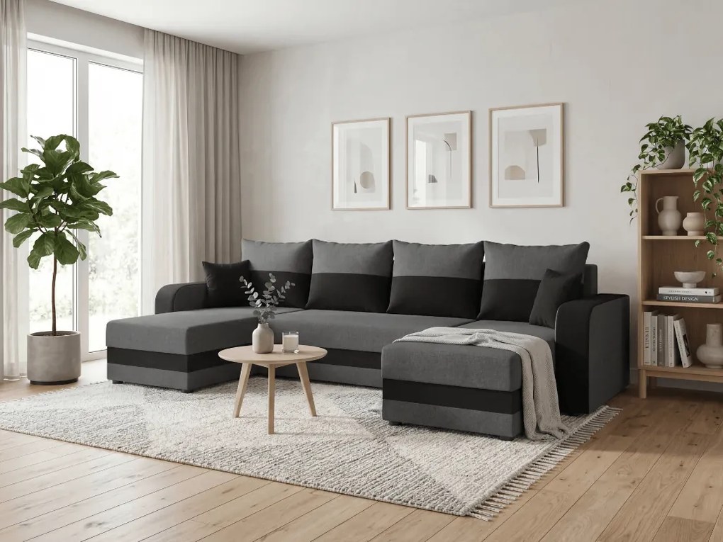 Rozkládací sedací souprava do U VALERIO 305x140 cm, tmavě šedá/antracitová