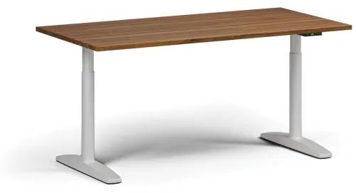 Výškově nastavitelný stůl OBOL, elektrický, 675-1325 mm, deska 1600x800 mm, bílá zaoblená podnož, ořech
