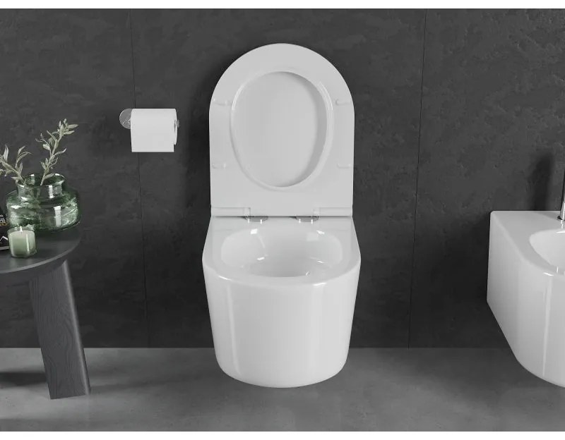 Mexen Sofia, závěsná WC mísa 490x360x355 mm, Rimless Tornádo + WC sedátko z duroplastu, bílá lesklá, 30540500T