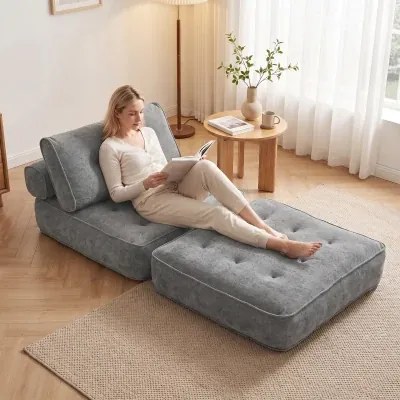 HOMCOM skládací křeslo 1-místné 95 x 220 cm s 2 polštáři, silný sedák, 3-v-1 spací křeslo, světle šedé