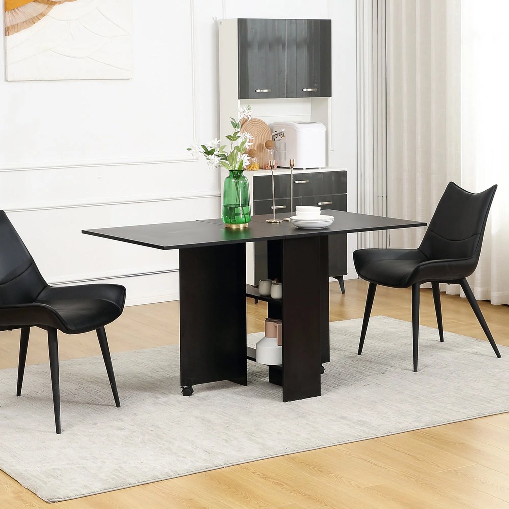 Skládací jídelní stůl HOMCOM s kolečky, skládacími křídly a policemi pro 4-6 osob 75x140x74 cm černý | Aosom