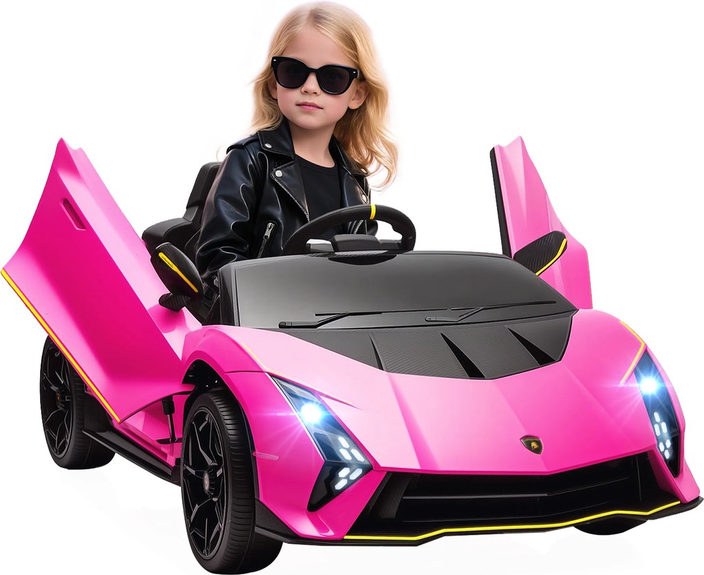 AIYAPLAY elektrické dětské auto 3-6 let, 12V Lamborghini Autentica s 2 motory, dveře křídlové, zavěšení, růžové