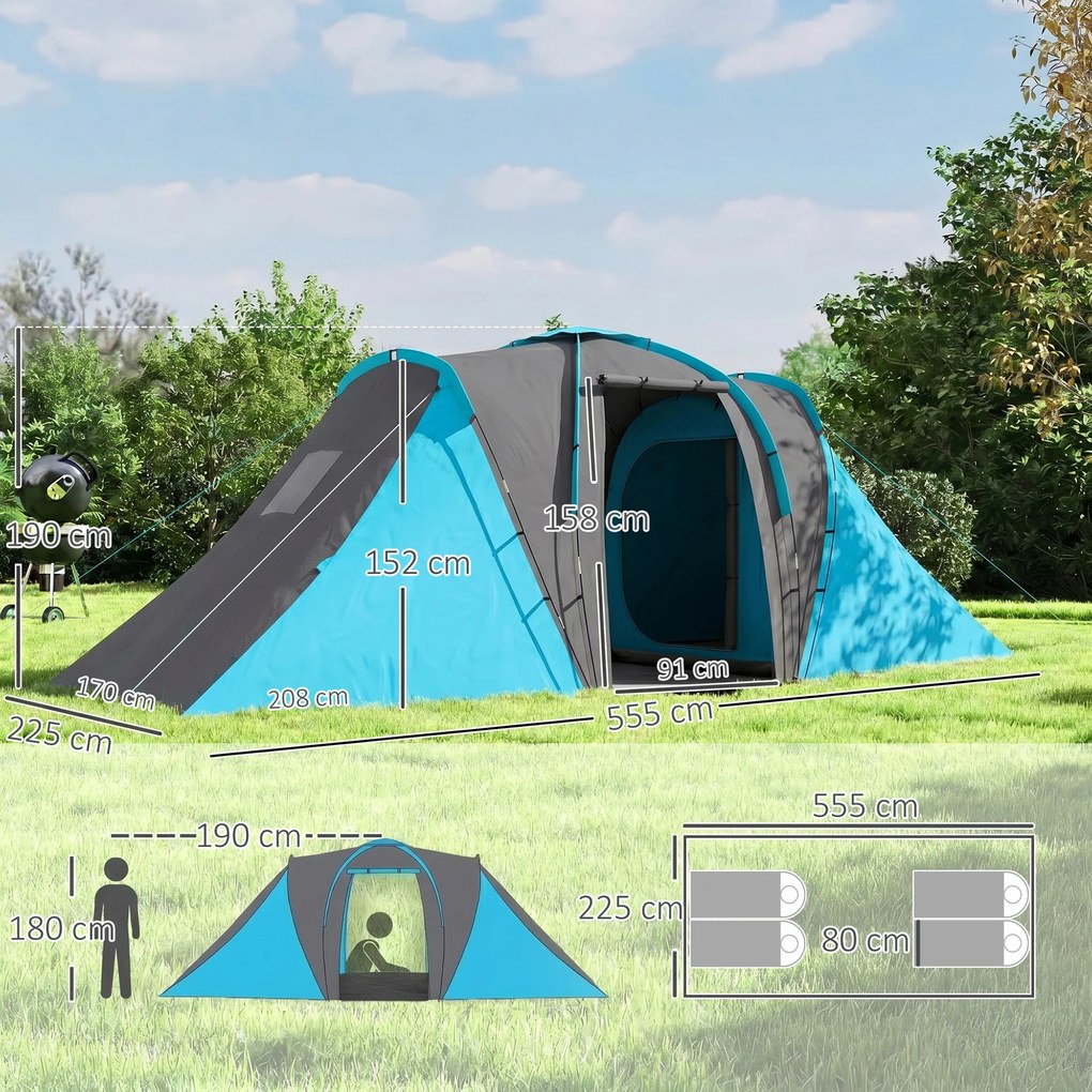 Outsunny rodinný stan pro 4-6 osob, voděodolný 2000 mm, skládací stan s 2 ložnicemi, batoh na kempování 555x225x190 cm, šedý a modrý