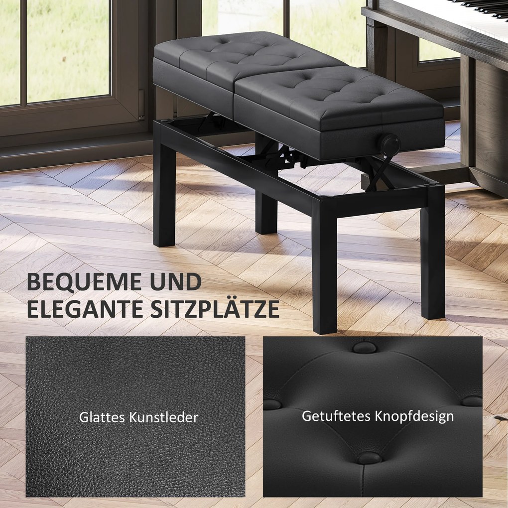 HOMCOM Nastavitelný hudební stolička s úložným prostorem, nosnost 220 kg, umělá kůže, černá, 105 x 37 x 48-58 cm