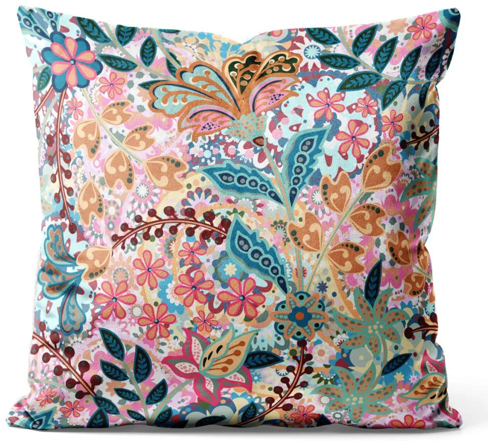 Dekorační velurový polštář Květy paisley - pestrobarevná květinová kompozice v grafickém stylu