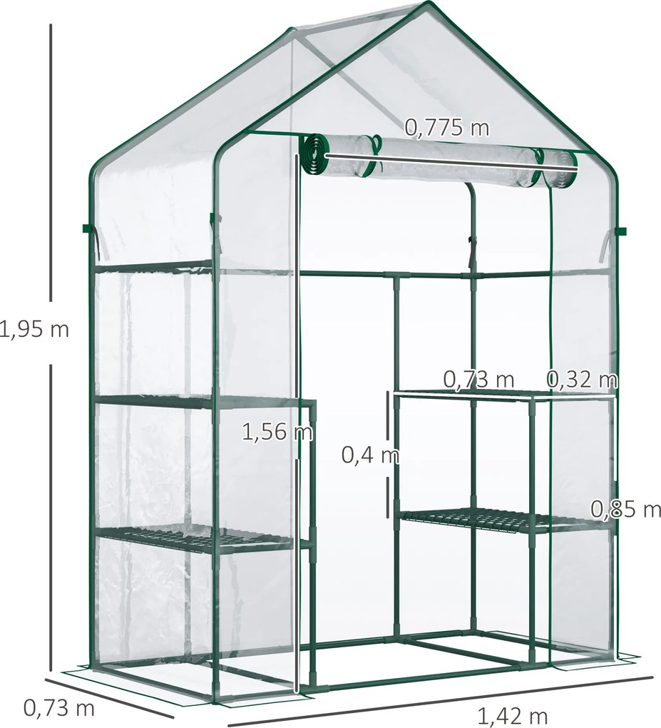 Outsunny Fóliový skleník Walk-in Skleník na rajčata 142x73x195cm se 6 policemi, průhledný pro zahradu a rostliny |