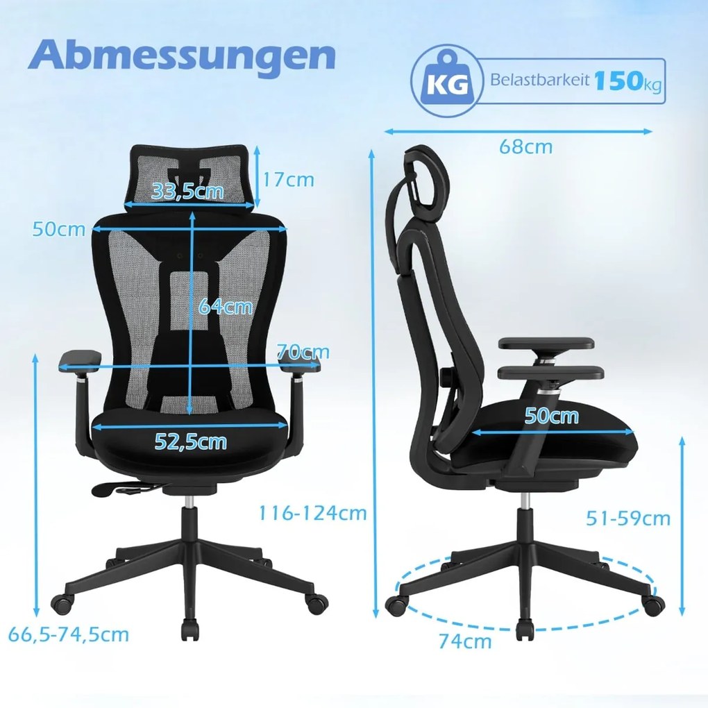 Costway Ergonomická kancelářská židle s nastavitelnou bederní opěrkou a hlavovou
