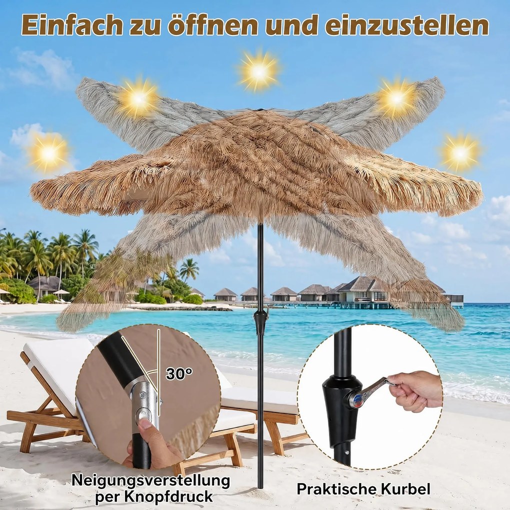 Costway Slunečník Hawaii 290 cm 30° naklápěcí se solárním LED osvětlením světle