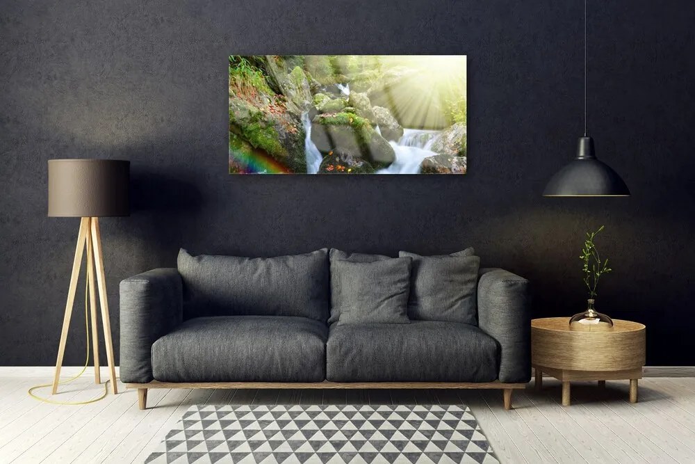 Obraz na skle Vodopád Duha Příroda Potok 140x70 cm