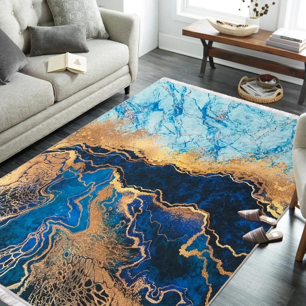 Protiskluzový koberec v modré barvě s abstraktním vzorem Šířka: 60 cm | Délka: 100 cm