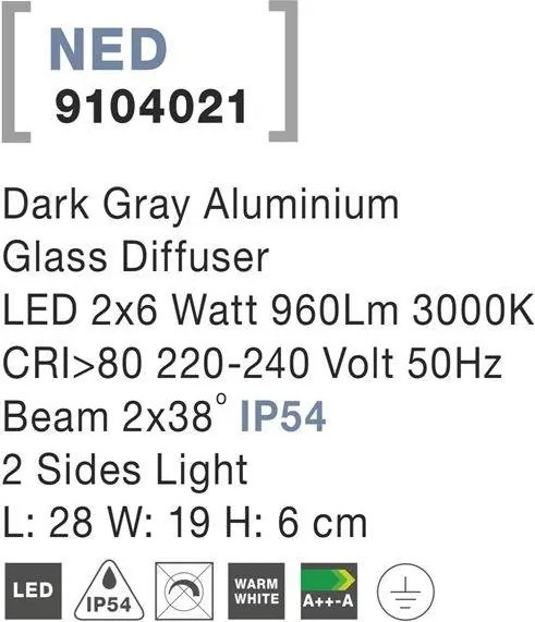 NV 9104021 Venkovní nástěnné svítidlo NED tmavě šedý hliník skleněný difuzor LED 2x6W 3000K 220-240V 2x38st. IP54 světlo po dvou stranách - NOVA LUCE