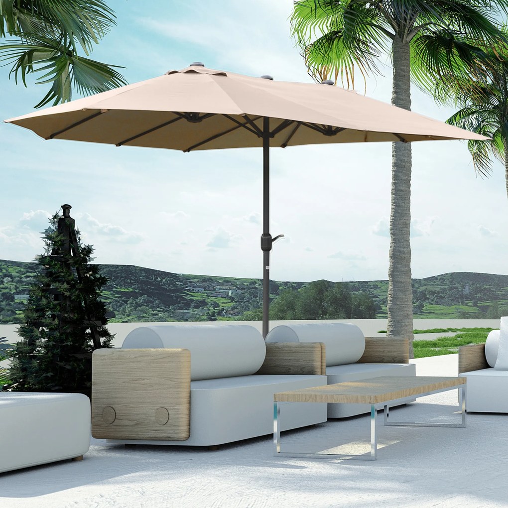 Outsunny Zahradní Parasol Dvojitý Obdélníkový 4,6L x 2,7W x 2,4H m s Kličkou pro Otevírání a Zavírání, S Písky a Základem, pro Balkon a Bazén, Khaki