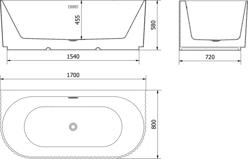 Mexen Sella, volně stojící vana ke stěně, drážkovaná, 170 x 80 cm, bílá matná, zlatý lesklý přepad, 52711708001-50