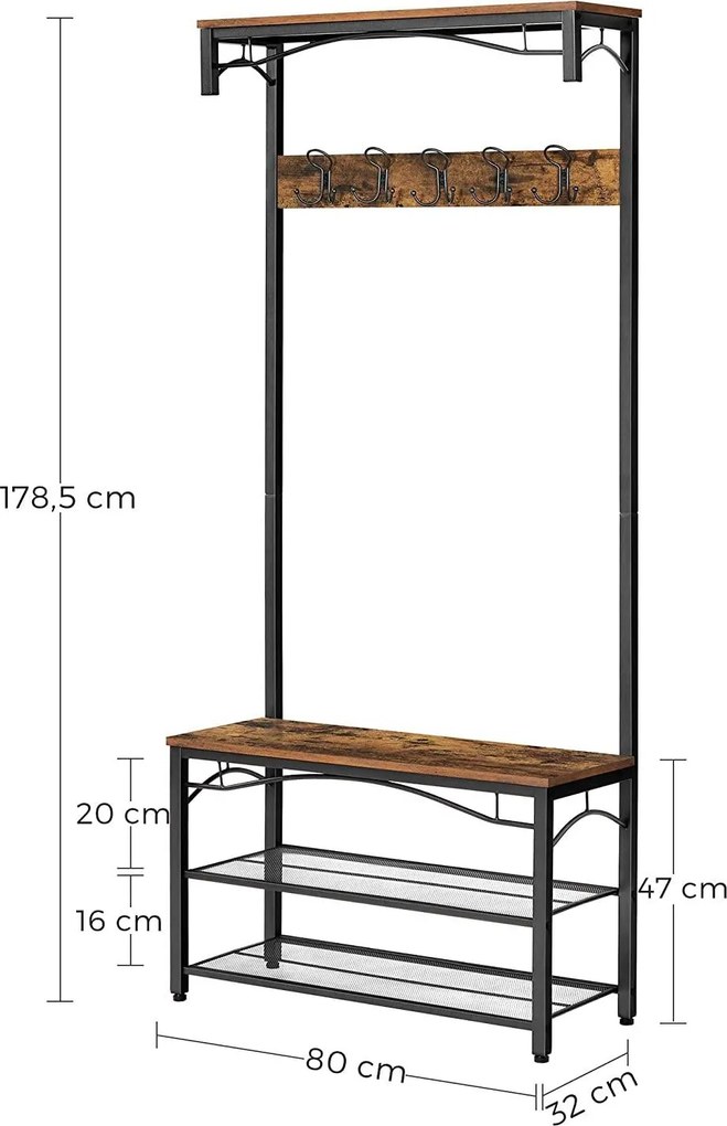 Předsíňový věšák s policí, úložným prostorem na boty a místem k sezení 80 x 32 x 178 cm, rustikální hnědá